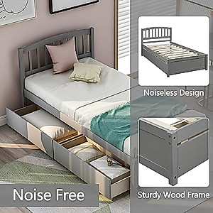 Altillo Twin Size Country Wooden Platform Bed Frames with 2 Storage Drawers/Headboard, Modern Platform Bed with Solid Wood Slat Support for Bedroom Boys Girls Adults Teens, Noise-Free (Gray)