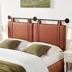 Iroomy Wall Mounted Headboard King with Brown Faux Leather Straps, Faux Leather Upholstered Headboard with Adjustable Heigh Headboard, King Headboard with Metal Bar for Dining Room, Bedroom, Brown