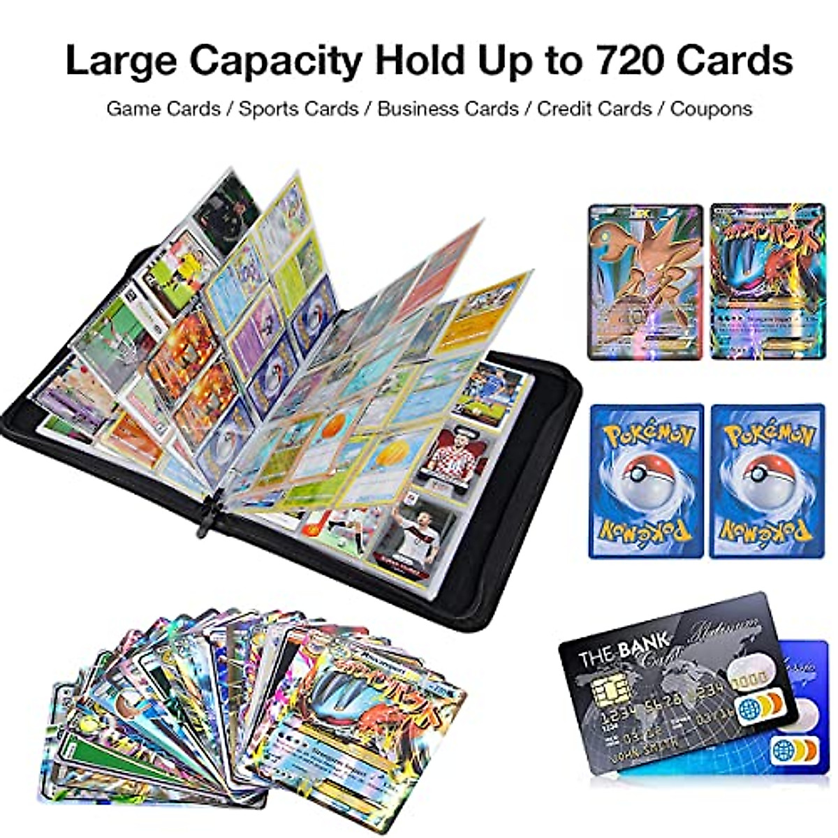 LIUDU Card Binder 9-Pocket,720 Pockets Game Cards with 40 Sleeves,Trading Card Collection Zipper Binder Holder for Kids Gifts (Black 720Pockets)
