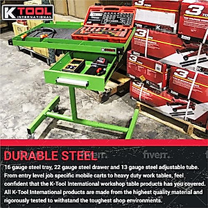 K Tool International 75108 Adjustable Tear Down Work Table with Drawer for Garages, Repair Shops, and DIY, Portable, (4) 2" Swivel Casters, 200 Pound Capacity, Rubber Corners, Heavy Duty Steel, Green