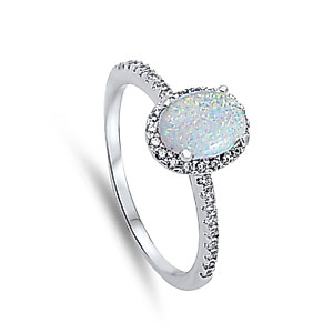 Sterling Silver White Simulated Opal Solitaire Clear CZ Halo Wedding Ring Size 11