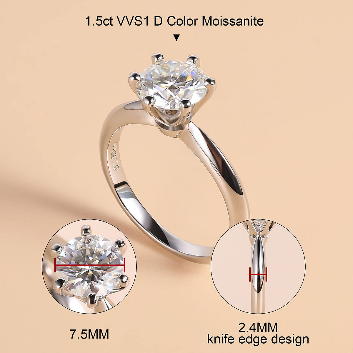 Ladylike Engagement Rings for Women 18K Plated Sterling Silver 1.5CT 7.5mm Six Prongs Round Cut Solitaire Moissanite Diamond Promise Rings D Color VVS1 Clarity Wedding Engagement And Anniversary,