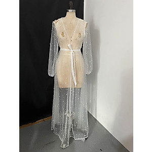 Pearl Long Sleeve Wedding Jacket Tulle Party Shawl BOLERO Floor-Length Bridal Cape Sexy pearl robe(white,M)