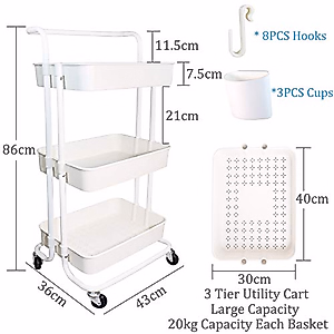 Piowio 3 Tier Utility Rolling Cart Multifunction Organizer Shelf Storage Cart with 3 Pieces Cups and 8 Pieces Hooks for Home Kitchen Bathroom Laundry Room Office Store etc. (White)