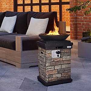 Tangkula Patio Propane Fire Bowl, Patiojoy 40,000BTU Square Fire Pit with Round Bowl, Lava Rocks & Waterproof Cover, Faux Stone Fire Pit Table for Outside Courtyard, Patio, Porch (Natural Stone)