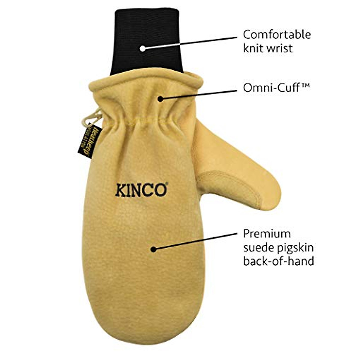 Kinco - Lined Premium Pigskin Leather Work and Ski Mitt with Nikwax Waterproof Wax, Heavy Duty Reinforced Palm, Heatkeep Thermal Insulation, Omni-Cuff, Fitted Knit Wrist, (Style No. 901T)