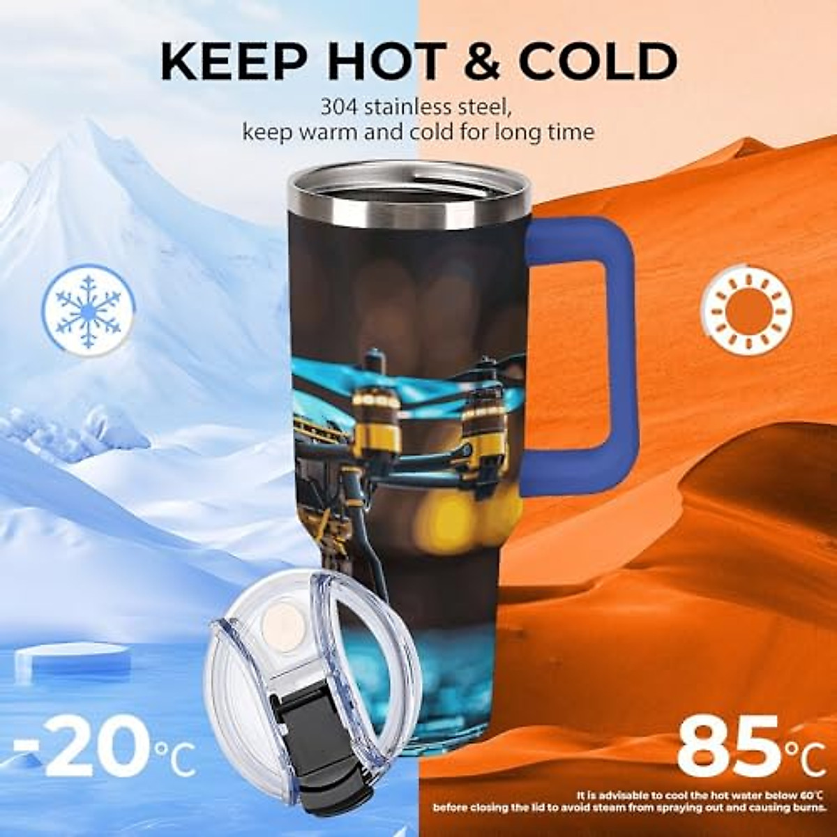 LLUTSNTH 40 Oz Vacuum Tumbler with Deep Blue Handle Leakproof Insulated Tumbler Drone Stainless Steel Travel Mug with Lid And Straw Coffee Cup Cute Water Bottles Cup Holder Friendly