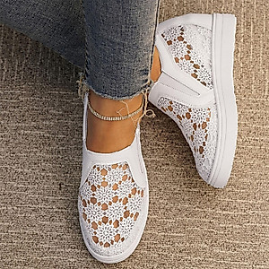 ZSpzx Women's Platform Sneakers Hidden Wedge Sneakers Fashion Floral Lace Mehs Slip On Thick Bottom Tennis Shoes Round Toe Classic Leather Wedge Heeled Sneaker Memory Foam Cushion Walking Shoes