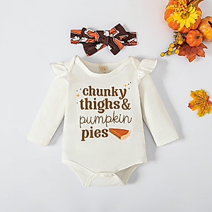 Baby Girl Thanksgiving Outfit Pumpkin Pie Romper+Flare Pants Newborn Girl Turkey Day Clothes 0-18 Months(White,12-18 Months)