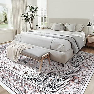 GAOMON Washable Area Rug 8x10 Bohemian Rug Soft Low-Pile Washable Rug with Non-Slip Backing, Grey Plant Floral Pattern Vintage Rug for Living Room Bedroom Dining Home Office,8x10