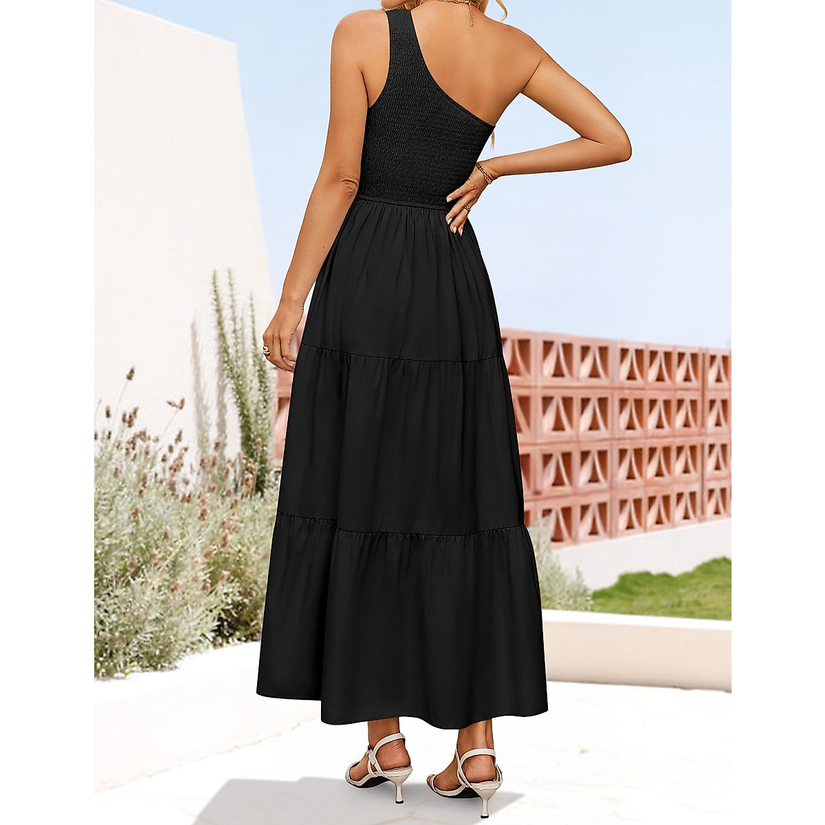 ZESICA Women's 2025 Bohemian Summer Floral Print One Shoulder Sleeveless Smocked Ruffle Tiered Beach Long Midi Dress,Black,Medium