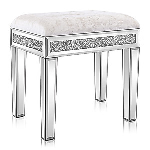VINGLI Mirrored Vanity Stool with Storage, Upholstered Velvet Ottoman, Makeup Dressing Table Bench with Sparking Diamonds, Silver