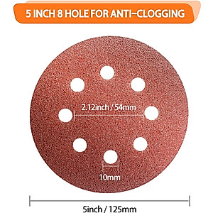 100PCS 5 Inch 8 Hole Hook and Loop Sanding Discs Sandpaper, 60 80 120 180 240 320 400 Grits Sand Paper for Random Orbital Sander