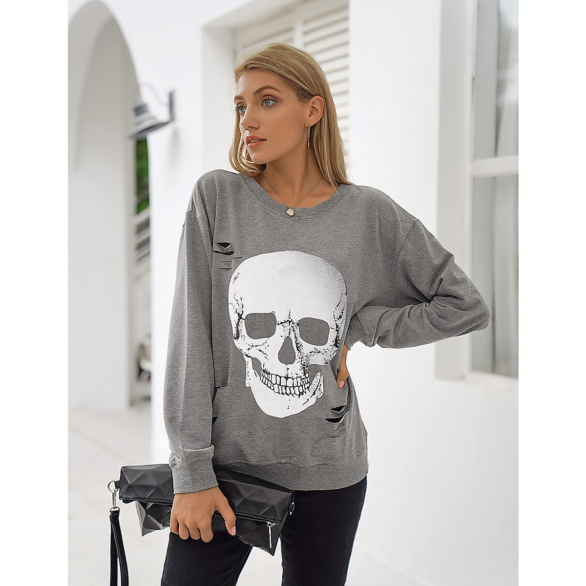 Blooming Jelly Women's Crewneck Sweatshirt Skull Graphic T Shirts Long Sleeve Top Pullover Oversized Sweaters(XLarge,Grey