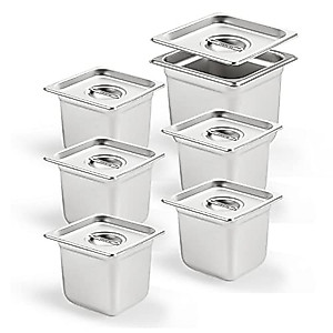 CURTA 6 Pack Anti-Jam Hotel Pans with Lids, 1/6 Size 6 Inch Deep, NSF Commercial 18/8 Stainless Steel Chafing Steam Table Food Pan with Covers