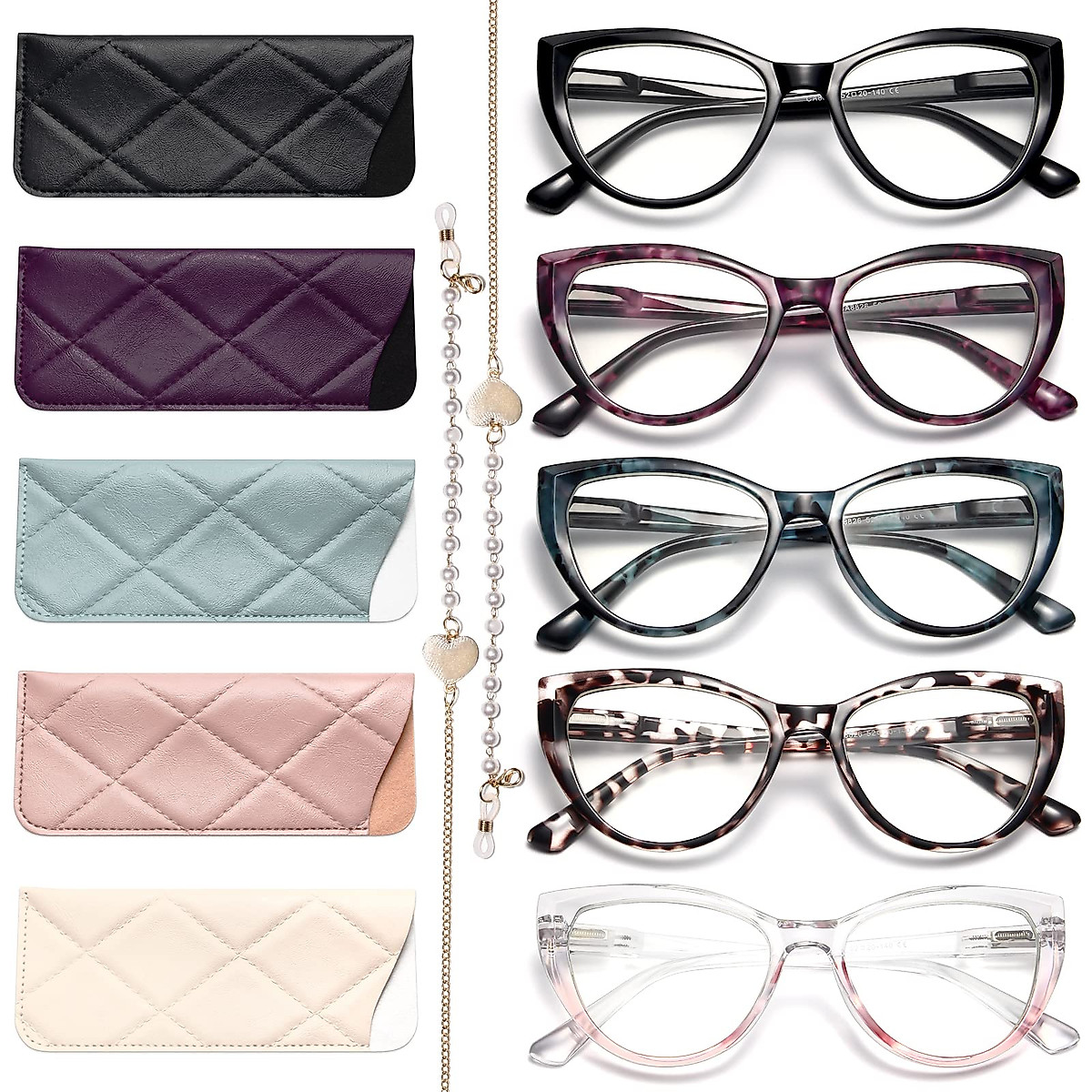 Gaoye 5 Pack Fashion Cat Eye Reading Glasses for Women, Computer Blue Light Readers Anti Glare With Eyeglasses Chain (A 5 PACK MIX, 2.75, multiplier_x)