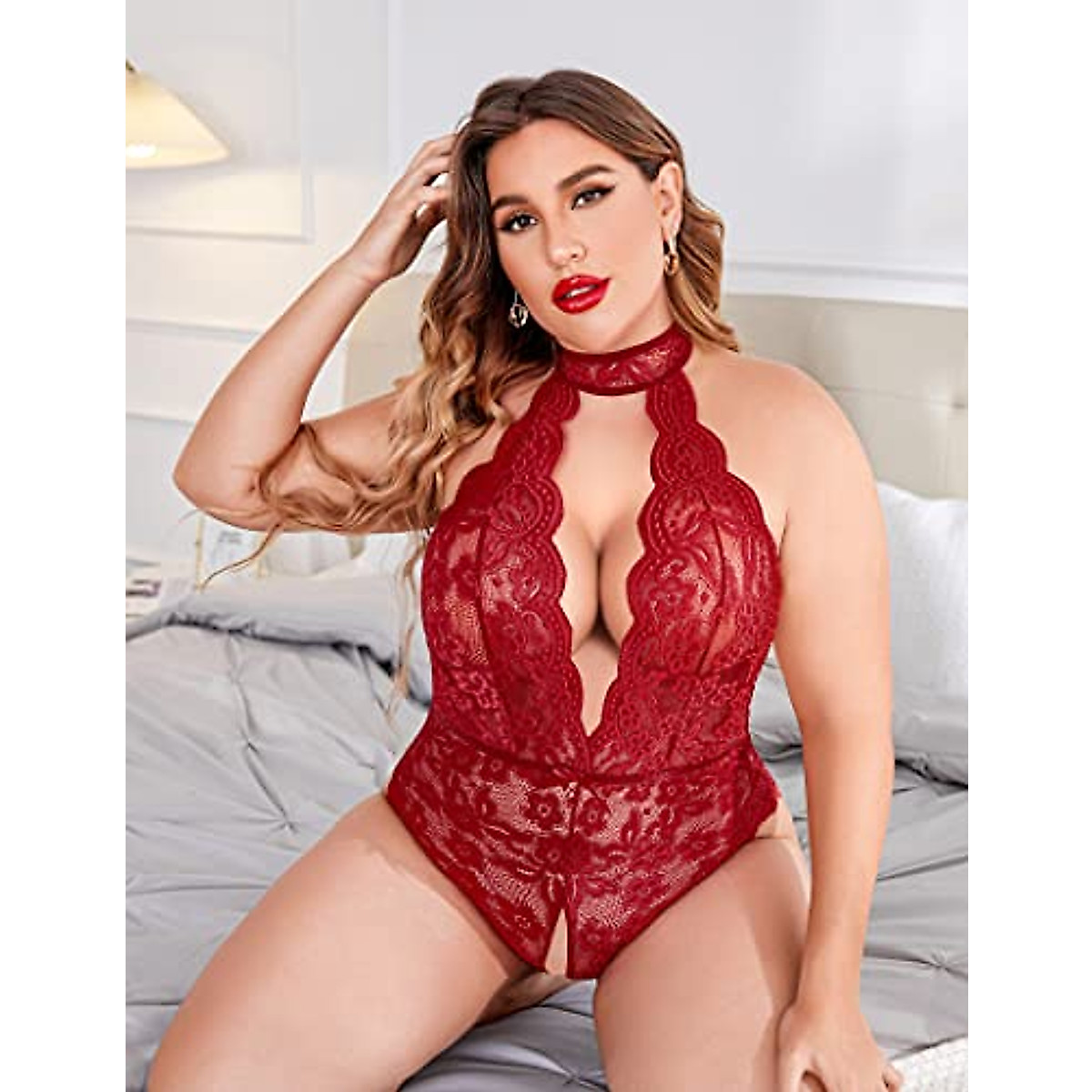 Avidlove Women Plus Size Lingerie Sexy Lace Bodysuit One Piece Babydoll Wine Red 22 Plus
