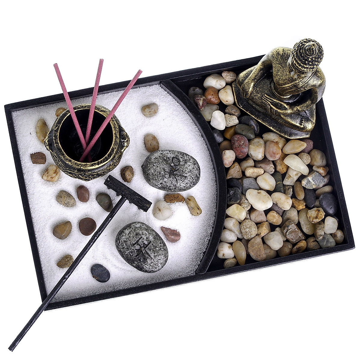 London Boutique Meditation Gift Set Yin Yang Meditation Zen Garden Candle Incense Holder White Sand and Decorative Stones (Thai Buddha)