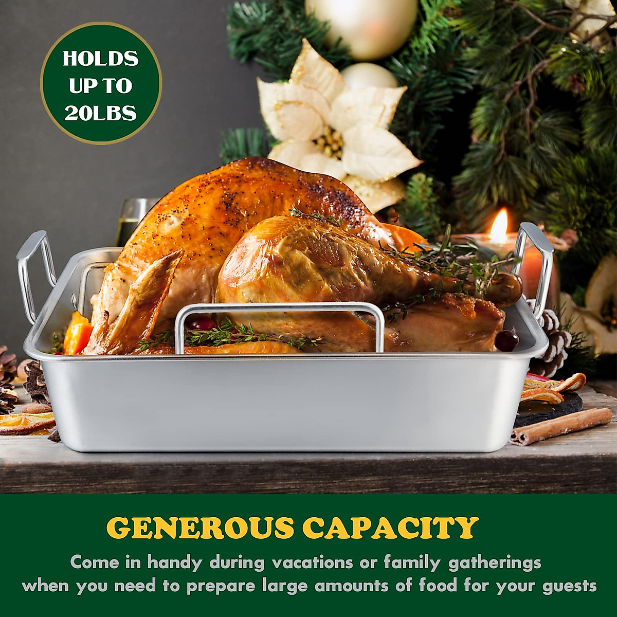 Roasting Pan, E-far 16 x 11.5 Inch Stainless steel Turkey Roaster with Rack - Deep Broiling Pan & V-shaped Rack & Flat Rack, Non-toxic & Heavy Duty, Easy Clean & Dishwasher Safe - Large