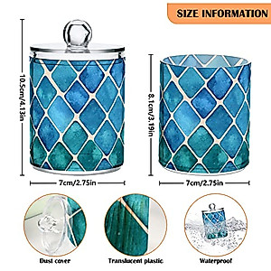 Fustylead 2 Pack Blue-green Squares Qtip Holder Dispensers, Bathroom Storage Canister Plastic Apothecary Jar Set for Cotton Swabs, Ball, Pads, Floss