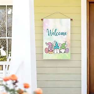 Surfapans Welcome Gnome Easter Garden Flag 12x18 Inch Double Sided Outside Burlap Easter Egg Spring Small Outdoor Yard Flags Porch Home Holiday Decoration
