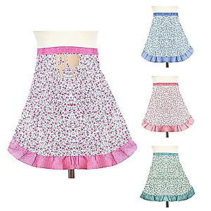 CheeseandU 4Pack Short Waist Kitchen Aprons Vintage Ruffle Side Grid Flower Design Half Waist Bib with Pocsket for Women Cooking Chef Kitchen Home Restaurant Bib Aprons Dress Gift