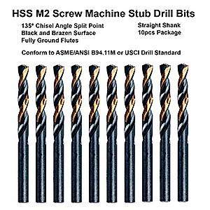 MAXTOOL 1/8" 10pcs Identical Screw Machine Drills HSS M2 Twist Stub Drill Bits Black-Bronze Fully Ground Straight Shank Short Drills; SMF02H10R08P10