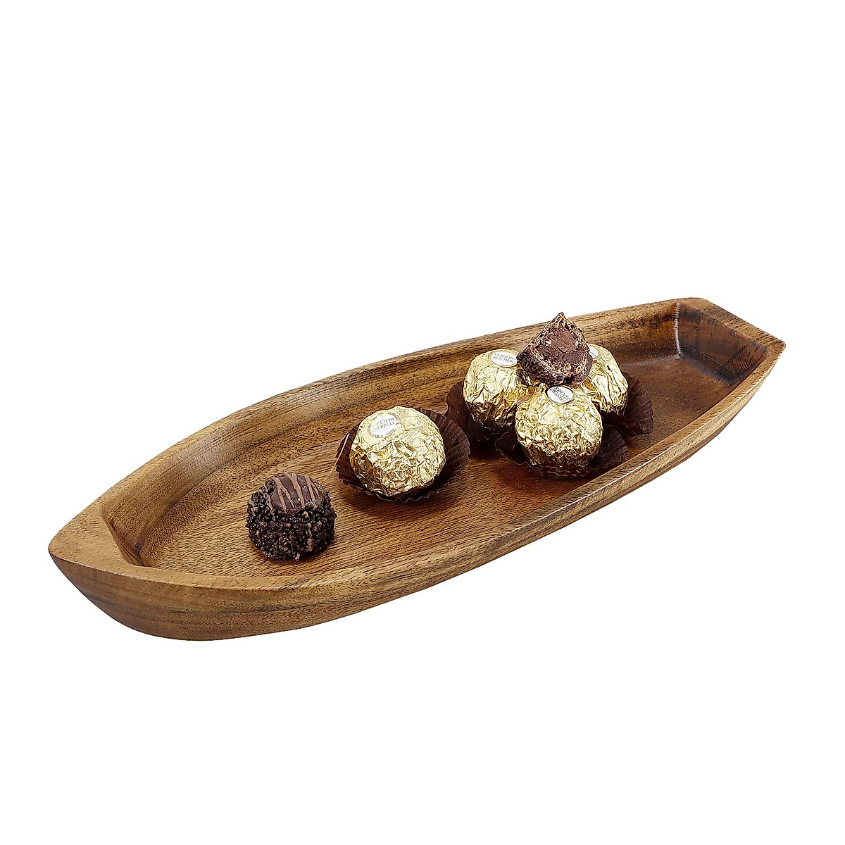 C-JOY WOOD Lucky Boat Wooden Tray, Acacia Decorative Bowl for Serving Candy Cookie Desserts Fruits or Accent Artwork , Functional & Collectible Platter, L 11.7''x W 4.72''x H 1.77'' Inches
