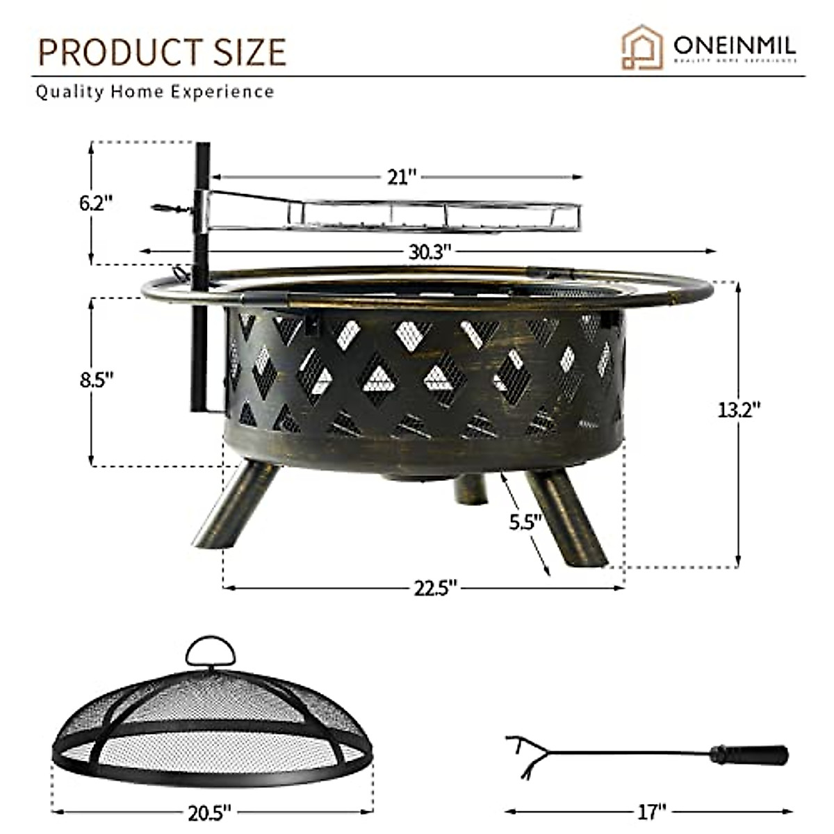 Oneinmil 2 in 1 Fire Pit with Grill, 30'' Wood Burning Outdoor Fire Pits Outside with Metal BBQ Grill, Spark Screen, Poker for Patio, Backyard, Garden