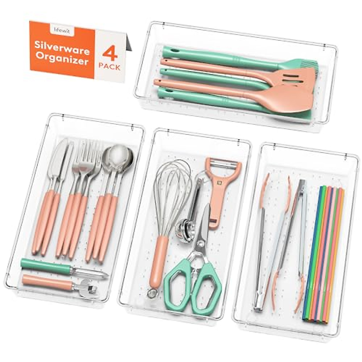Lifewit Silverware Drawer Organizer, 5.75" x 11.65" Clear Utensil Tray for Kitchen Drawer, Stackable Plastic Flatware and Cutlery Storage Box Divider for Spoons Forks Knives Tools, 4 Pack