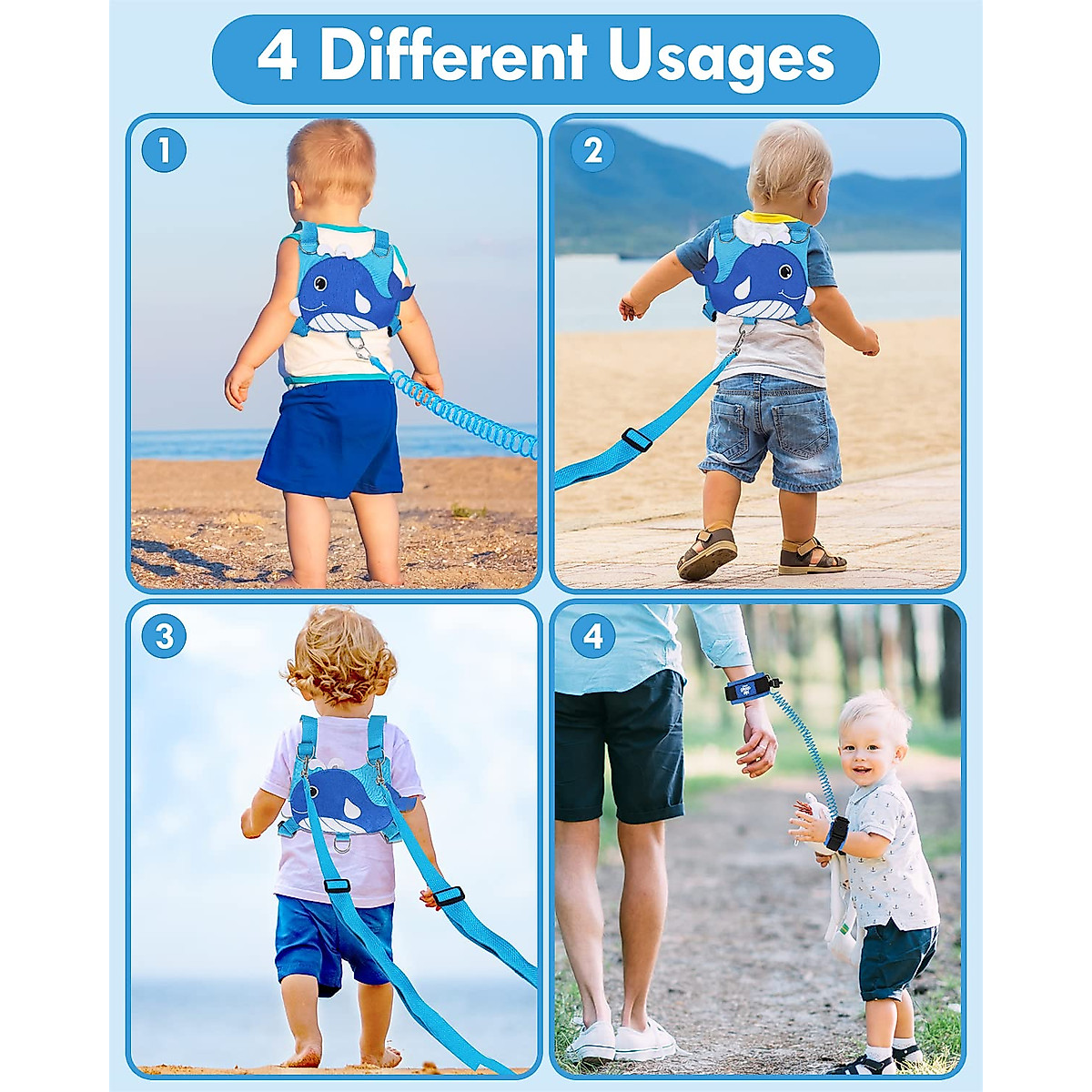 Lehoo Castle Toddler Leash for Walking, Baby Leashes for Toddlers 4-in-1, Kid Harness with Leash, Child Safety Leash Anti Lost Wrist Link (Whale)