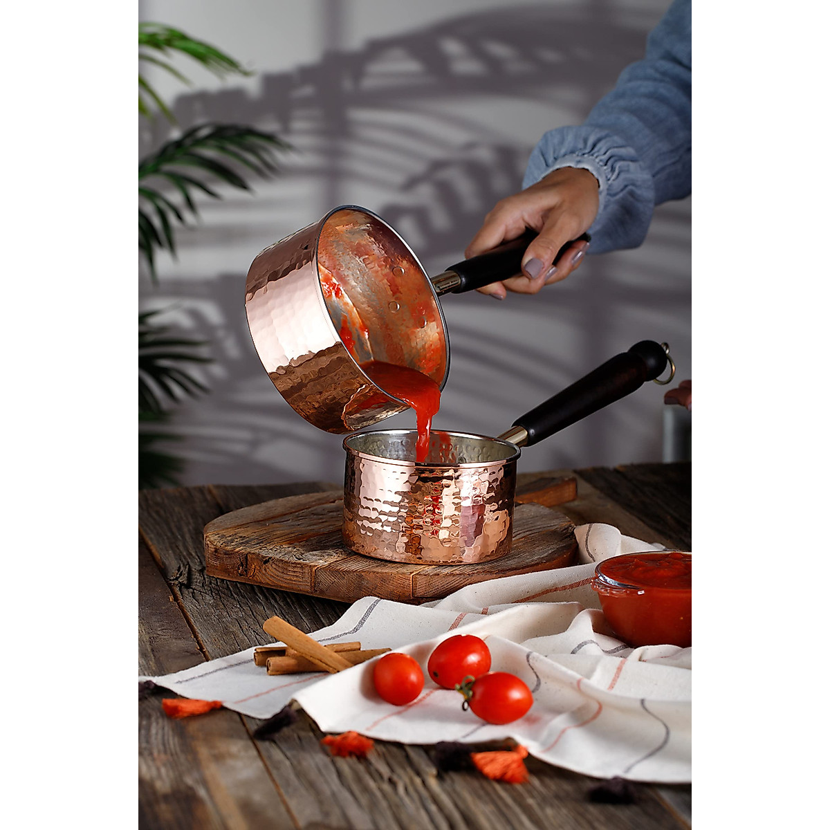 DEMMEX Copper Saucepan & Butter Warmer, 1mm Thick Solid Uncoated Hammered Copper, Wooden Handle, Tin Lined, 100% Handmade (1.2 Quarts-6"x2.8")