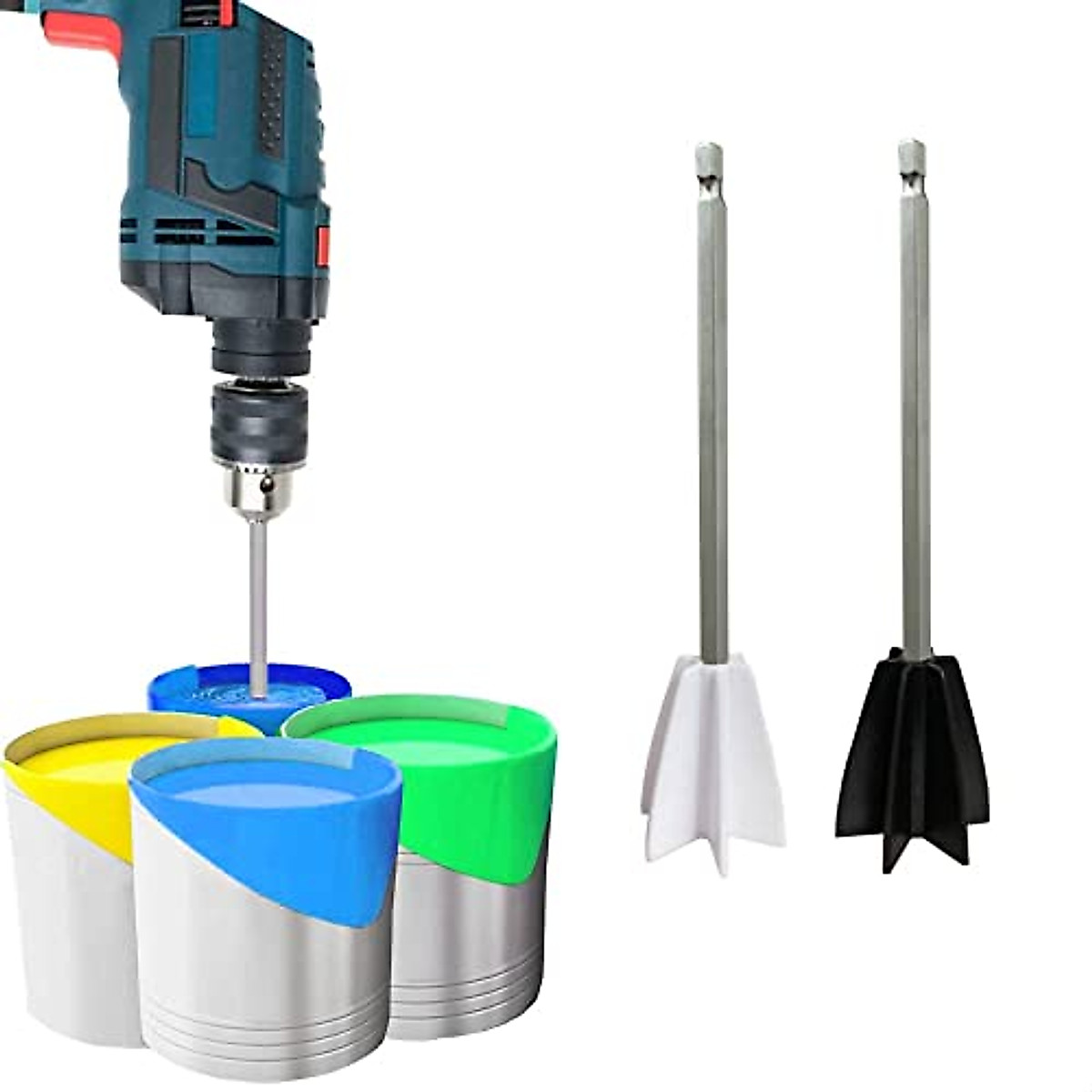 YeeBeny 6 Pcs Epoxy Mixer Attachment for Drill, 6 Reusable Multipurpose Bidirectional Paint Stirrer, Helix Mixer for Resin, Silicone Gallon Mixing Tools, Paint Mixer for Drill(6 paddles and 2 sticks）