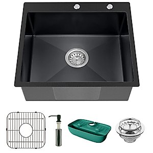 Black Kitchen Sink, Stainless Steel Topmount Bar Sink 25x22x9 Inch Single Bowl Drop In Kitchen Sink Combo-Sink Grid,Soap Dispenser,Faucet Mat,Drain Strainer Set for Modern Single Basin Kitchen Sink
