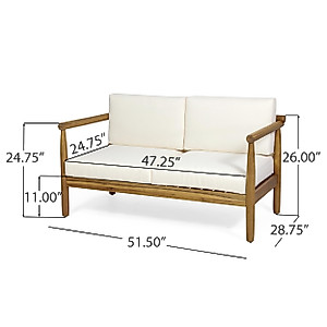 Christopher Knight Home Outdoor Acacia Wood Loveseat and Coffee Table with Cushions, Teak and Cream