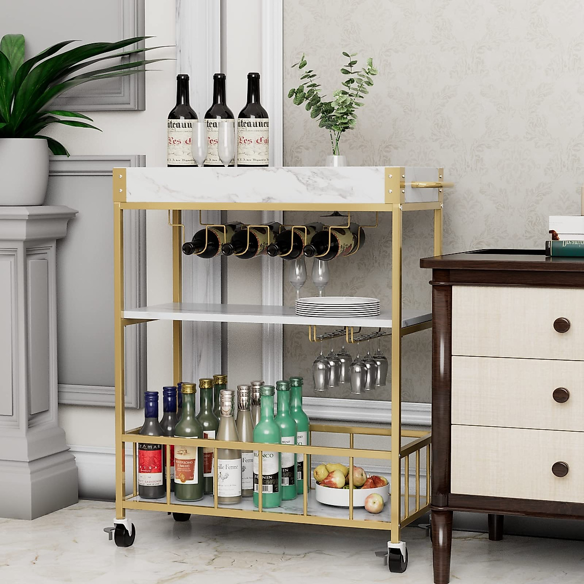 Azheruol Bar Cart White Marble 3 Tiers Removable Storage Tray with Wine Rack & Wine Glasses Holder,Rolling Beverage Cart,Mobile with Handle, Wood & Gold Steels Home Kitchen Shelf for Party