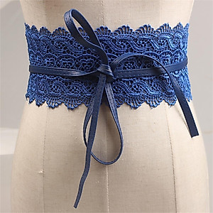 FIEIJ Women's Lace Waist Belt Bow Tie Wrap Around Soft Leather Boho Corset Elegant for Dresses (Dark Blue)