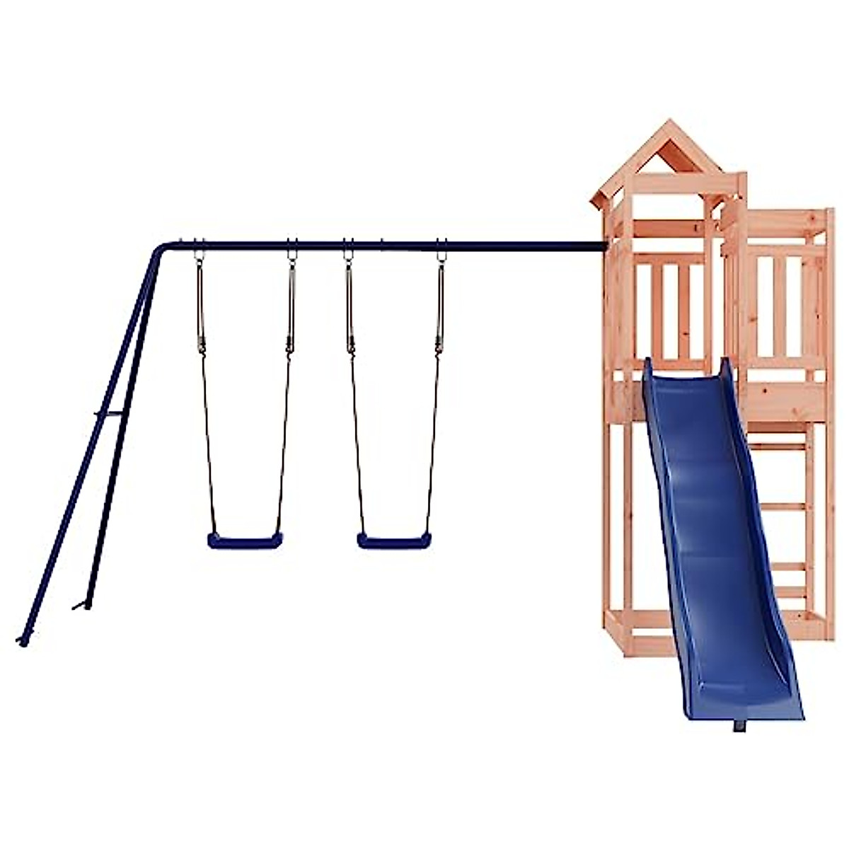 Loibinfen Outdoor Playset Solid Wood Douglas, Garden Play Set with 1 Play Tower, 1 Wave Slide, 1 Double Swing Set, Modern Outdoor Backyard Children's Climbing Wood Playground Playset,-4553