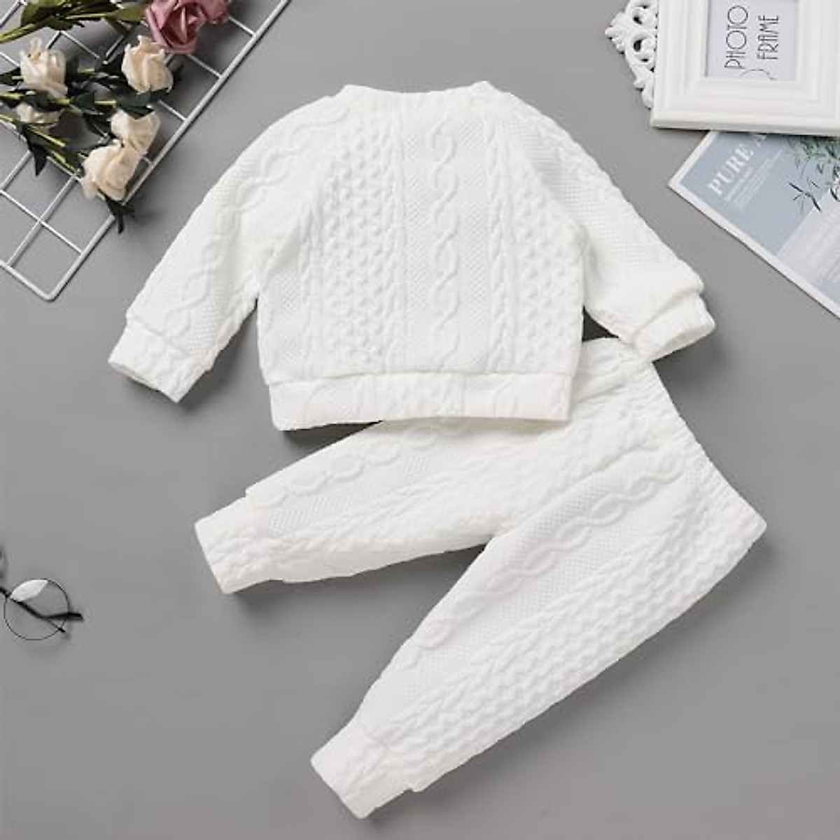 Fall Outfits for Toddler Girls Boys Knitted Baby Girl Sweater Top Pants Long Sleeve Autumn Winter Crewneck Sweatshirt Knit Clothes Pullover for Kids Warm Birthday Christmas Outfit White 0-3 Months