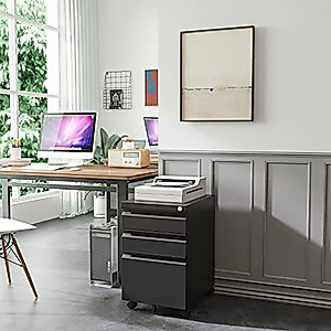 AFAIF 3 Drawer Mobile File Cabinet with Lock, Rolling File Cabinet for Home Office, Under Desk Small File Cabinet, Metal Vertical Black Filing Cabinet for Legal/Letter/A4 File, Not Assembled