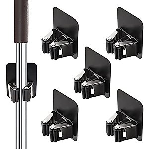 Seamaka 5PCS Broom Holder Wall Mount Stainless steel Mop Holder Self Adhesive ​Mop Grippers Heavy Duty Broom Hanger for Laundry Room Garden Tool Holder Bathroom Accessories Black O-008-BK