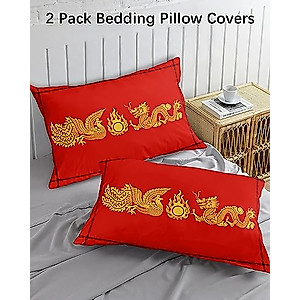 Edwiinsa Oriental Dragon Pillow Covers King Standard Set of 2 Bed Pillow, Plush Soft Comfort for Hair/Skin Cooling Pillowcases with Envelop Closure 20x36 Inches Traditional Chinese Happy New Year Red