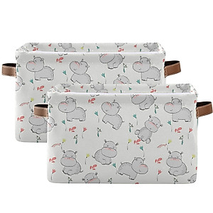 2 Pack Storage Basket Cute Hippo Collapsible Organizer Basket with PU Handles, Waterproof Nursery Basket Storage Bin for Shelves for Organizing Closet