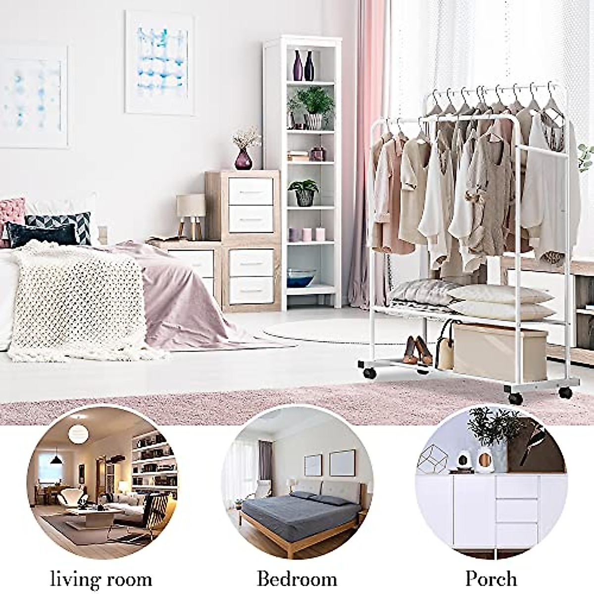 ZZBIQS 2-Tiers Rolling Garment Rack with Shelves, Clothing Rack on Wheels, Heavy Duty Coat Rack, Double Hanging Rails & Lockable Wheels, 31" L x 20" W x 53" H, Max Load 170LBS, White