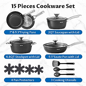 BEZIA Induction Cookware Set 15-Piece, Pots and Pans Set Non Stick with Ceramic Coating, Induction Pots Set with Stainless Steel Handles ＆ Lids, Oven Safe, Compatible with All Stoves