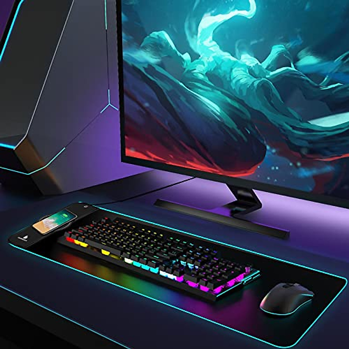 Gaming Mouse Pad,15W Qi Fast Chargering,Extened Large RGB Gaming Mouse Pad,for Large Keyboard and Mouse,Home&Office,10 Lighting Modes,Support Qi Fast Charging Support Mobile Phone Devices,31.5"X11.8"