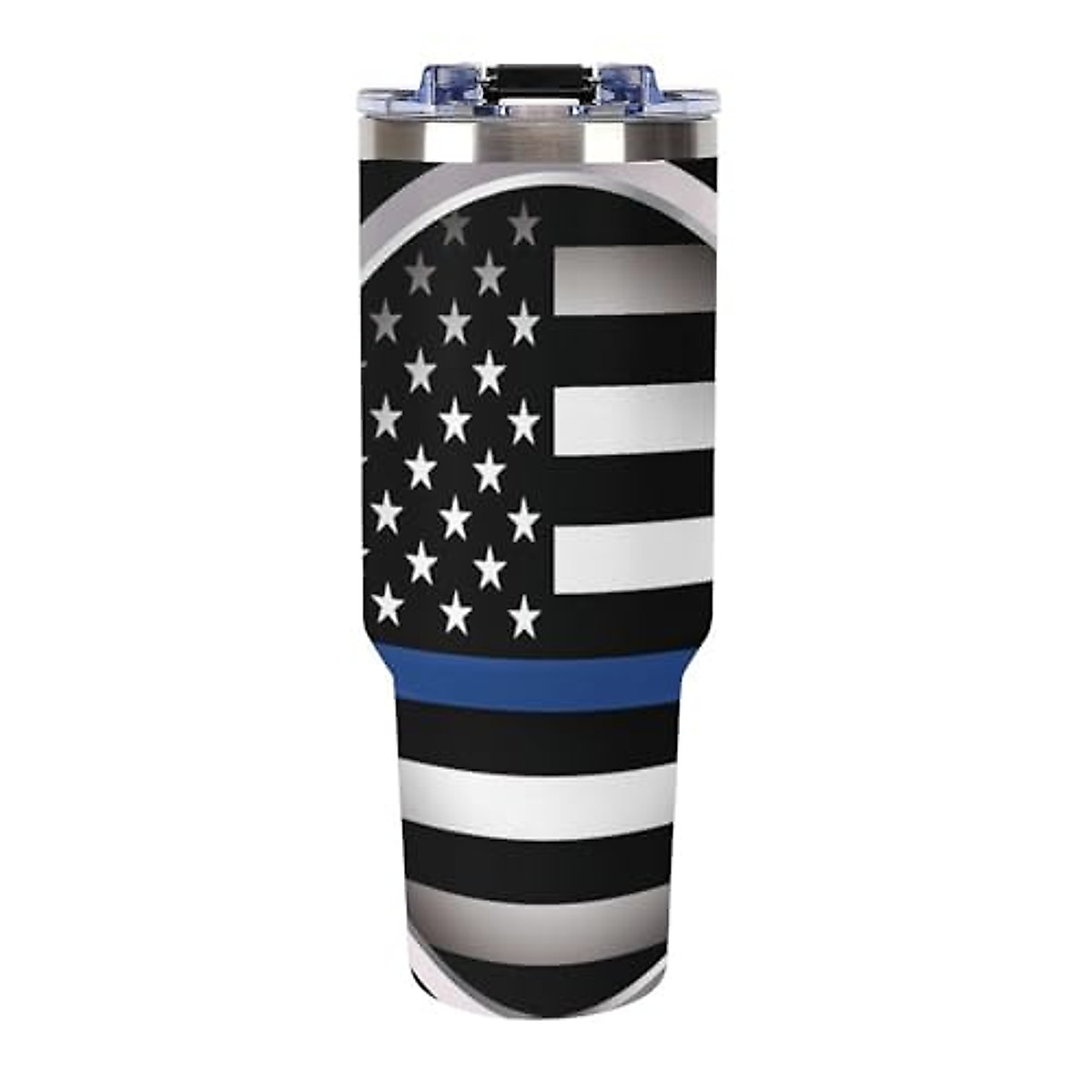 40 oz Tumbler, Large Capacity with Handle and Straw Travel Insulated Tumblers, Thin Blue Line American Flag Ring Black Stainless Steel Cup for Women, Men