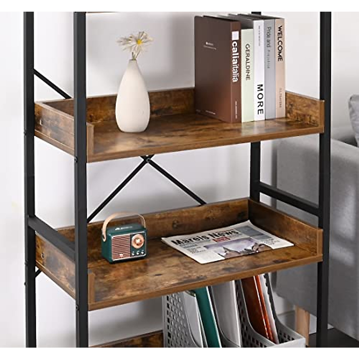RokiaTek Bookshelf Bookcase 6-Tier Storage Rack with Open Shelves, Vintage Standing Bookshelves Metal Frame Industrial Display Rack for Living Room Bedroom, Rustic Brown and Matte Black