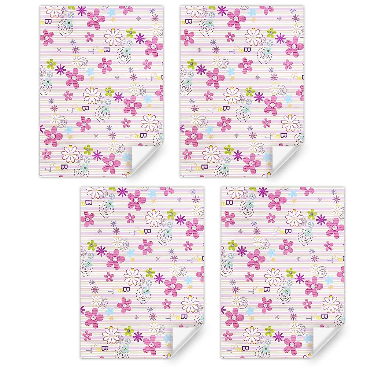 Little Flowers Floral Pink Wrapping Paper, Colorful Dasiy Flowers Print On The Striped Gift Wrap 4 Sheets For Kids Girls Boys Princess Wrapping Paper - Birthday Baby Shower Wedding Mother's Day and