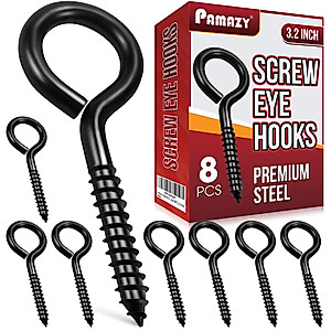 8PCS Screw Eyes, 3.2 Inch Black Eye Hooks Screw Self Tapping Eye, Heavy Duty Eye Bolt for Wood Securing Cables Wire, Hammock Stand, Indoor & Outdoor Use